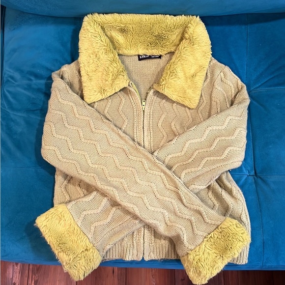 SHEIN | Sweaters | Chartreuse Zipup Cardigan From Shein With Faux Fur ...